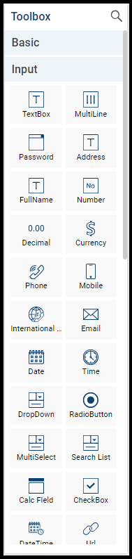 Forms Toolbox Input Section